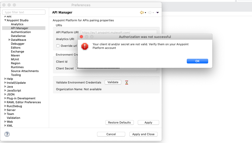 Anypoint Studio cannot validate Client Id/Client Secret | MuleSoft Help Center
